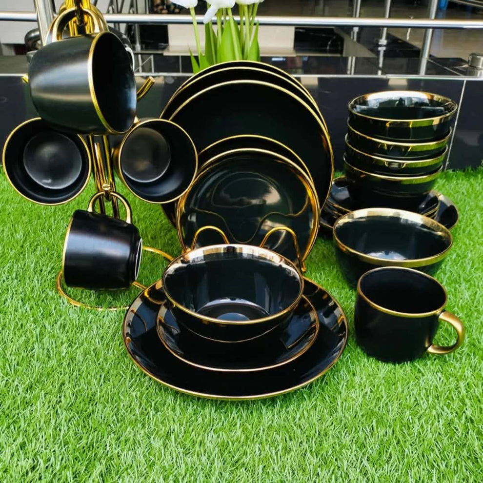24pcs black dinner set with gold rim – GEM HOME